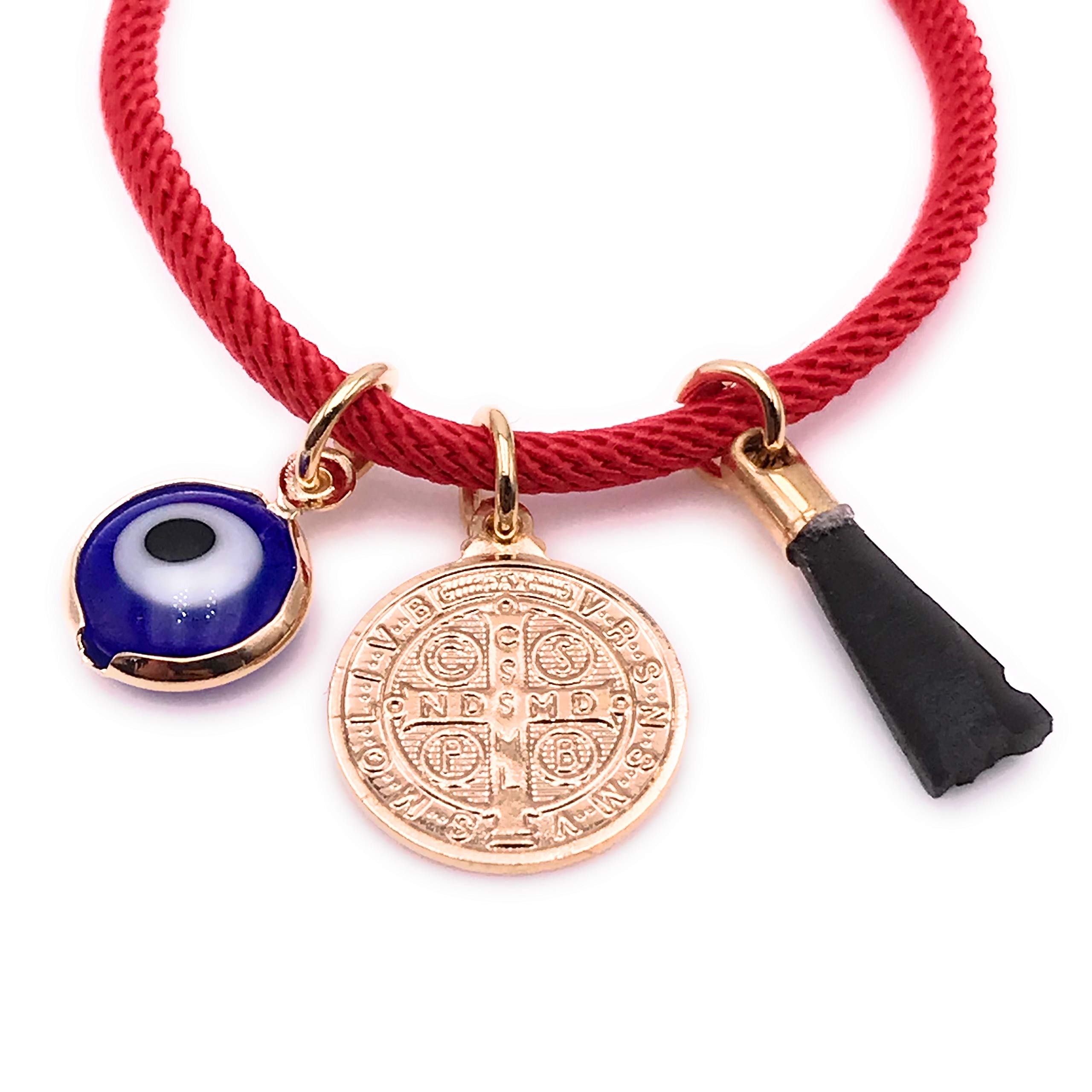 18K Gold Plated Saint Benedict Red String Bracelet Adjustable Charm Evil Eye & Dainty Genuine Azabache Hand