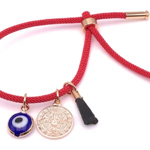 18K Gold Plated Saint Benedict Red String Bracelet Adjustable Charm Evil Eye & Dainty Genuine Azabache Hand