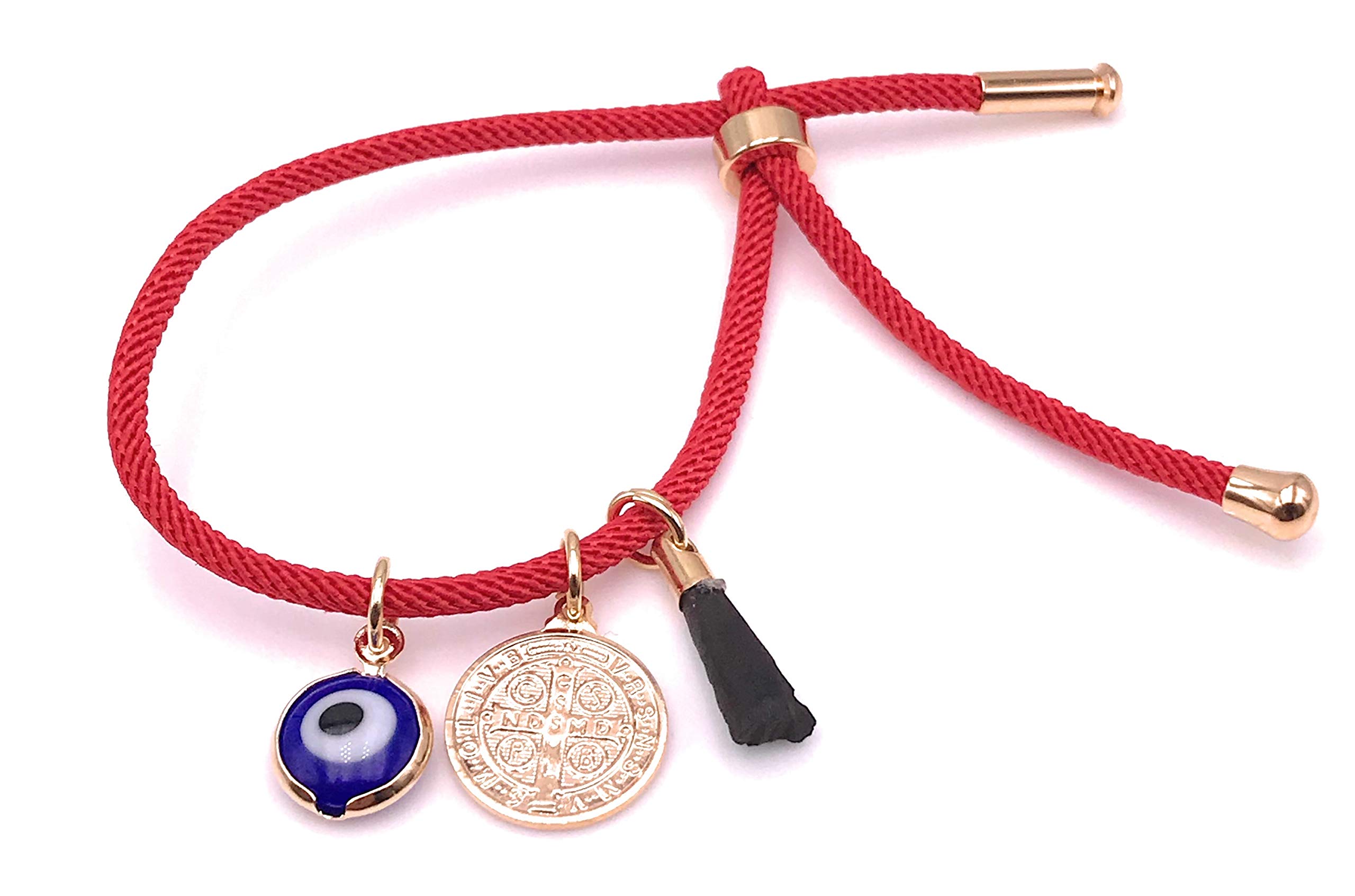 18K Gold Plated Saint Benedict Red String Bracelet Adjustable Charm Evil Eye & Dainty Genuine Azabache Hand