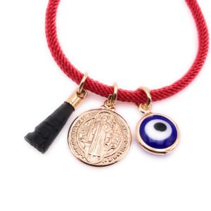 18K Gold Plated Saint Benedict Red String Bracelet Adjustable Charm Evil Eye & Dainty Genuine Azabache Hand