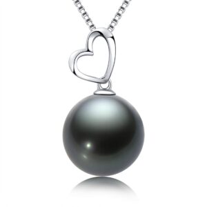 dengguang 18k gold natural black pearl necklace 10-11mm genuine tahitian cultured round pearls heart shape pendant with 18" silver chain - white gold