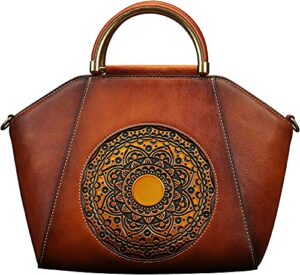 genuine leather handbags for women, organizer top handle satchel vintage embossing totem shoulder bag medium