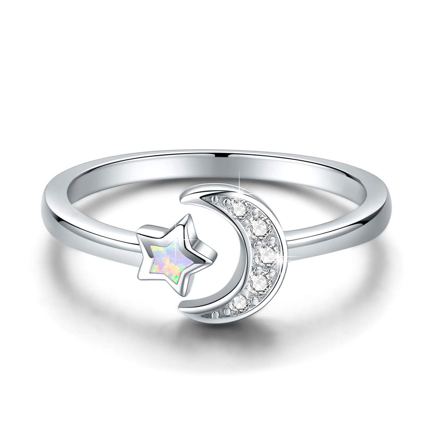 CUOKA MIRACLE Moon Ring, S925 Sterling Silver Crescent Moon and Star Ring Synthetic Opal Open Ring Adjustable Ring Gift for Women