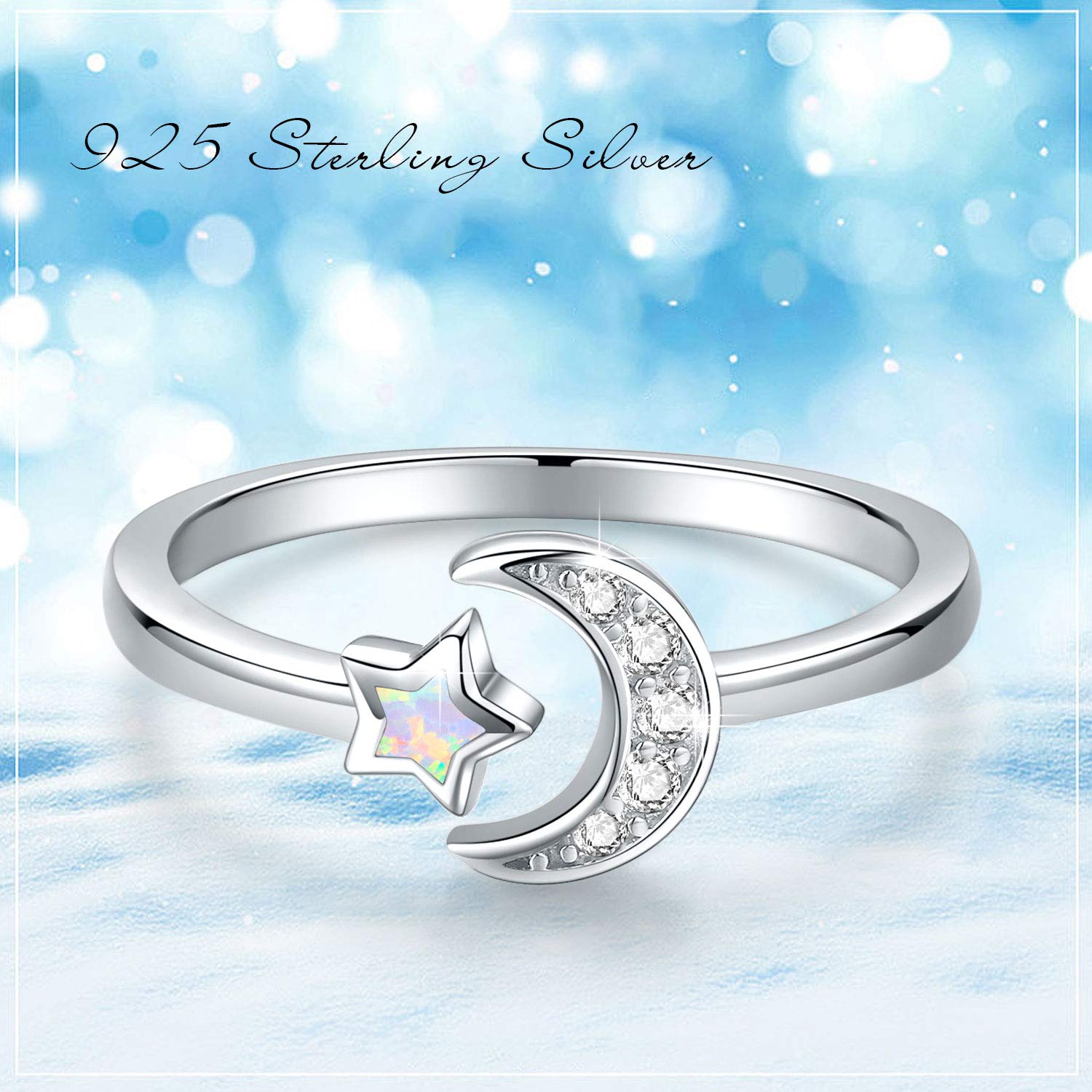 CUOKA MIRACLE Moon Ring, S925 Sterling Silver Crescent Moon and Star Ring Synthetic Opal Open Ring Adjustable Ring Gift for Women