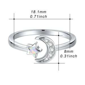 CUOKA MIRACLE Moon Ring, S925 Sterling Silver Crescent Moon and Star Ring Synthetic Opal Open Ring Adjustable Ring Gift for Women