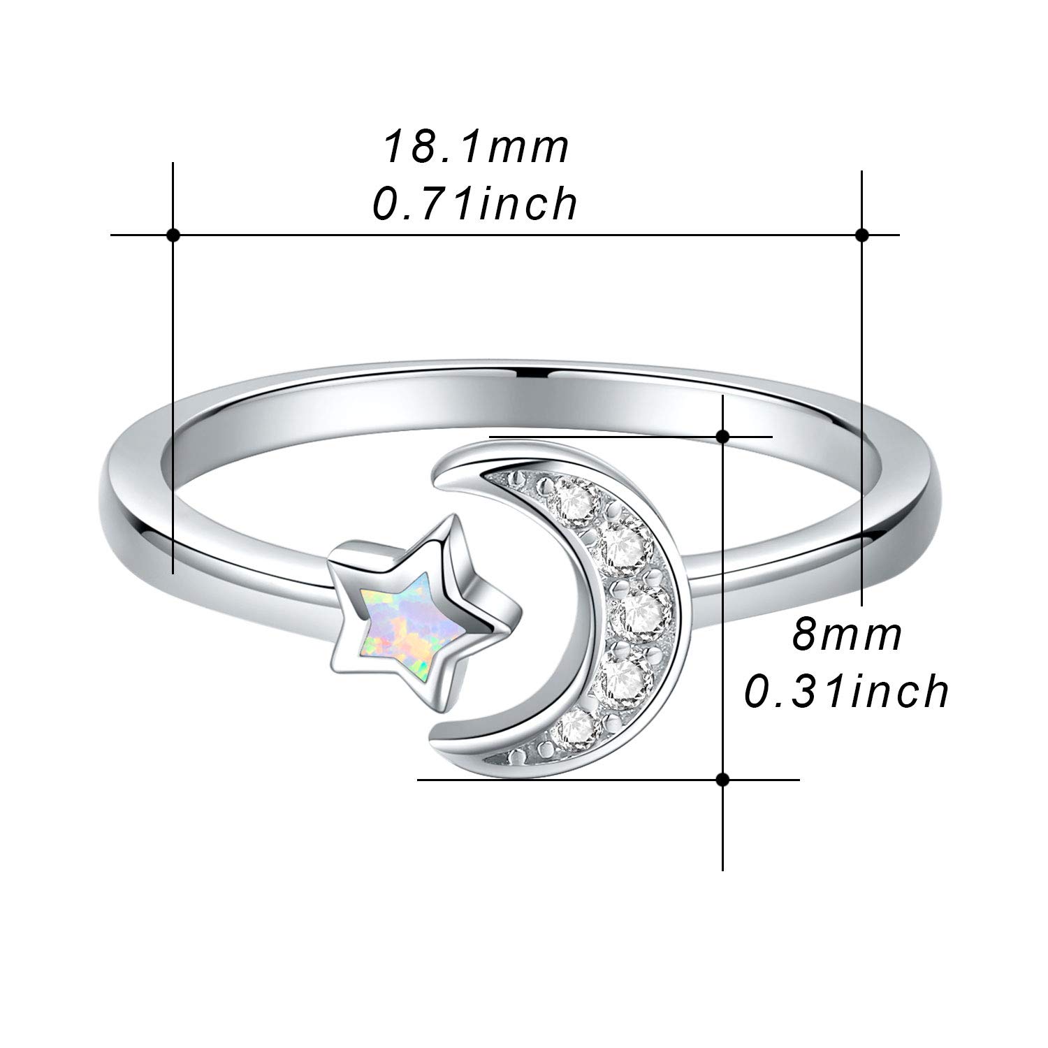 CUOKA MIRACLE Moon Ring, S925 Sterling Silver Crescent Moon and Star Ring Synthetic Opal Open Ring Adjustable Ring Gift for Women