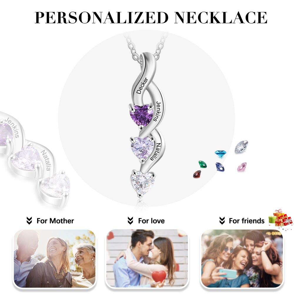 Tian Zhi Jiao Personalized 3 Names Simulated Birthstone Necklace for Mothers Custom Heart Drop Pendant Engraved Name Necklace for Women (Silver)