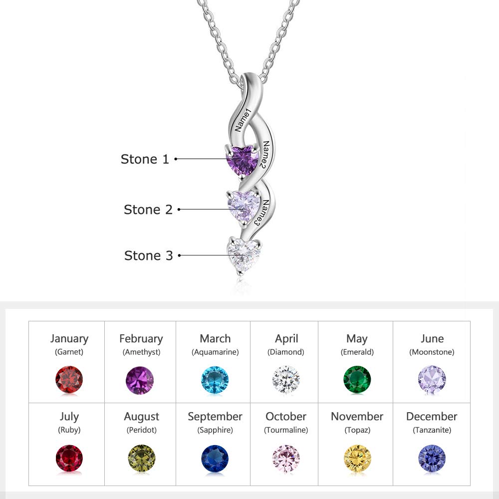 Tian Zhi Jiao Personalized 3 Names Simulated Birthstone Necklace for Mothers Custom Heart Drop Pendant Engraved Name Necklace for Women (Silver)