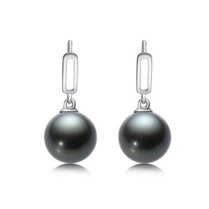 dengguang 18k gold tahitian black pearl stud dangle earrings 8-9mm genuine tahiti cultured pearls drop dangle earrings, mothers day gifts for mom - white gold