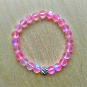 Hope Inspired Mystic Mermaid Glass Bracelet with 8 mm Pink Dazzling Moonstone Beads