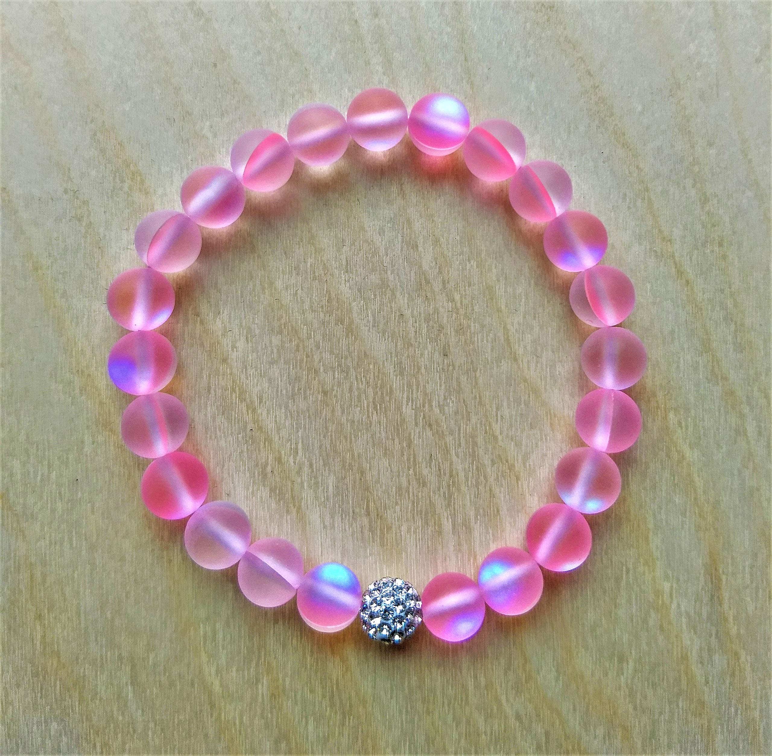 Hope Inspired Mystic Mermaid Glass Bracelet with 8 mm Pink Dazzling Moonstone Beads