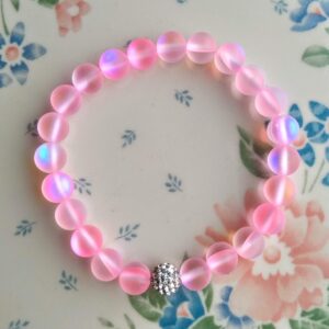 Hope Inspired Mystic Mermaid Glass Bracelet with 8 mm Pink Dazzling Moonstone Beads