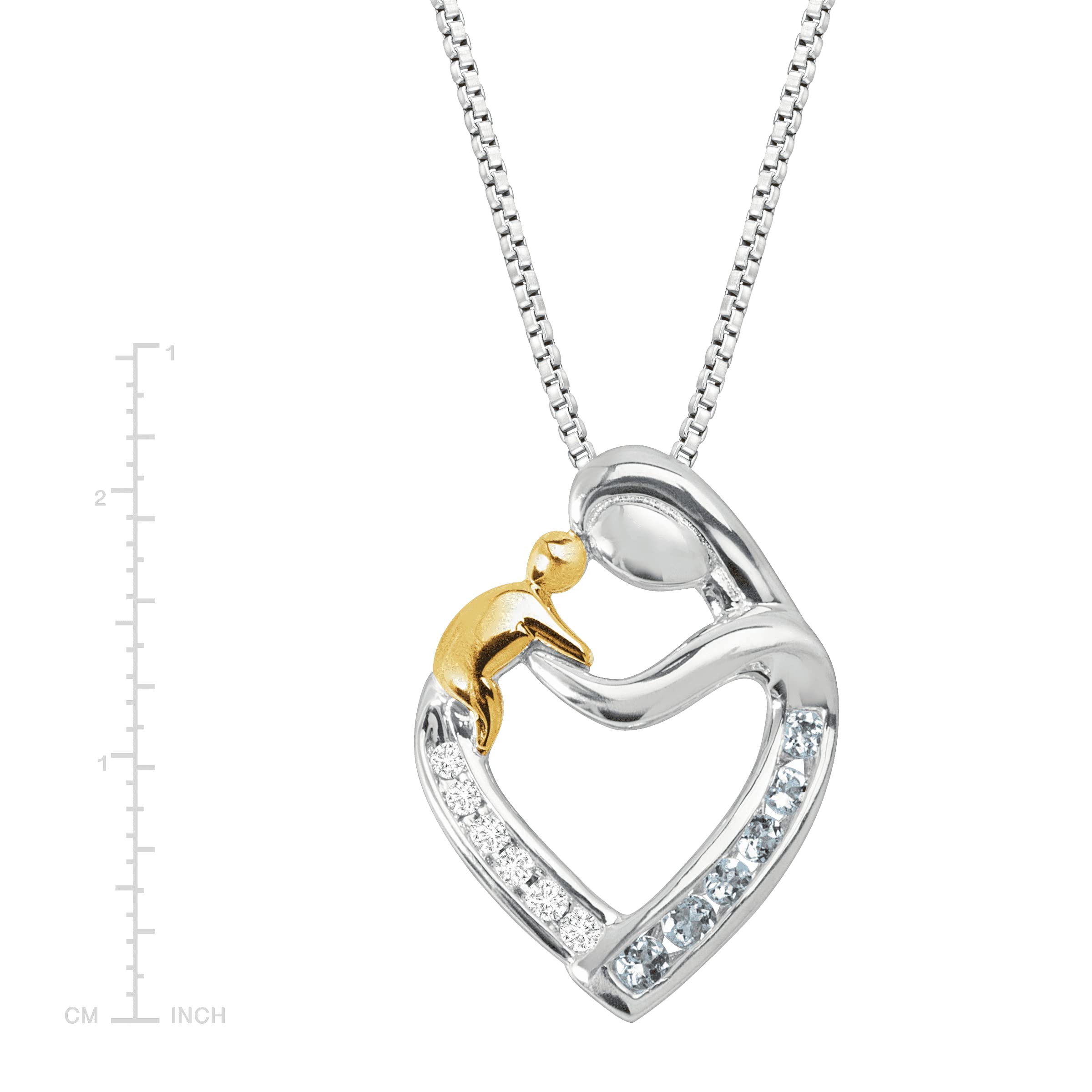 Finecraft Natural Aquamarine Mother & Child Heart Pendant Necklace with Diamonds in Sterling Silver & 14K Gold, 18"