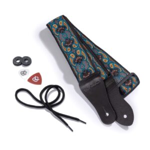 kliq vintage woven guitar strap for acoustic and electric guitars + 2 free rubber strap locks, 2 free guitar picks and 1 free lace | '60s jacquard weave hootenanny style | paisley turquoise/coffee