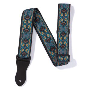 KLIQ Vintage Woven Guitar Strap for Acoustic and Electric Guitars + 2 Free Rubber Strap Locks, 2 Free Guitar Picks and 1 Free Lace | '60s Jacquard Weave Hootenanny Style | Paisley Turquoise/Coffee