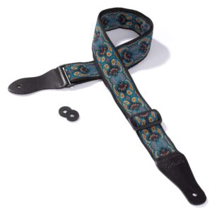 KLIQ Vintage Woven Guitar Strap for Acoustic and Electric Guitars + 2 Free Rubber Strap Locks, 2 Free Guitar Picks and 1 Free Lace | '60s Jacquard Weave Hootenanny Style | Paisley Turquoise/Coffee