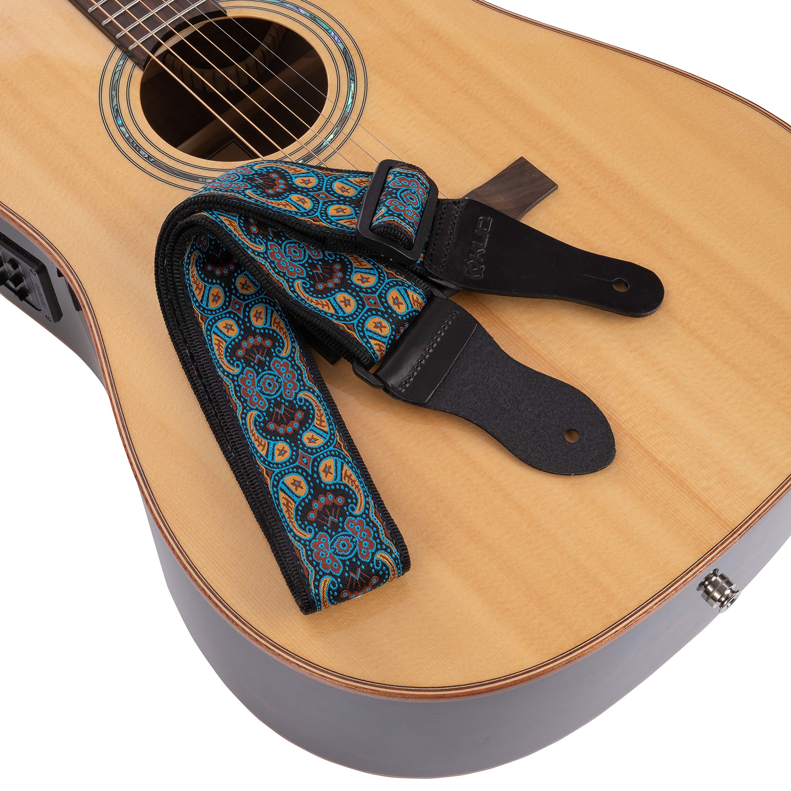 KLIQ Vintage Woven Guitar Strap for Acoustic and Electric Guitars + 2 Free Rubber Strap Locks, 2 Free Guitar Picks and 1 Free Lace | '60s Jacquard Weave Hootenanny Style | Paisley Turquoise/Coffee