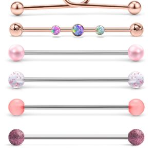 Lcolyoli 16G Stainless Steel Industrial Barbell with Opal Earrings for Women Men Cartilage Helix Rings Piercing Jewelry 7 Pieces 1 1/2 Inch (38mm) Industrial Piercing Bar Rose Gold