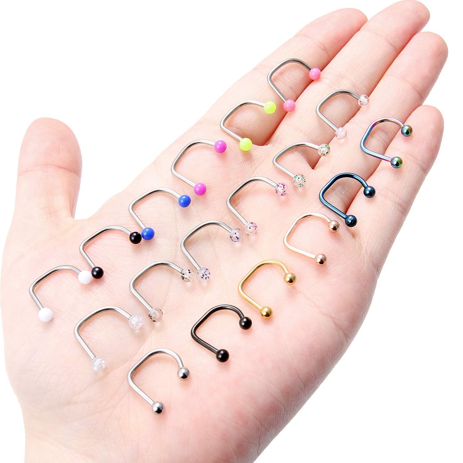 Lcolyoli 16G Surgical Steel Lip Hoop Rings C-Shaped Barbell Monroe Labret Medusa Piercing Jewelry for Women Men 18 Pieces Silver-tone Rose Gold Black