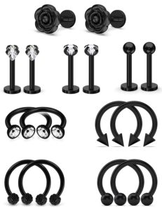 lcolyoli 16pcs 16g surgical steel lip rings diamond cz monroe labret studs tragus horseshoe ring helix hoop earring body jewelry piercing for women men black spike rose flower