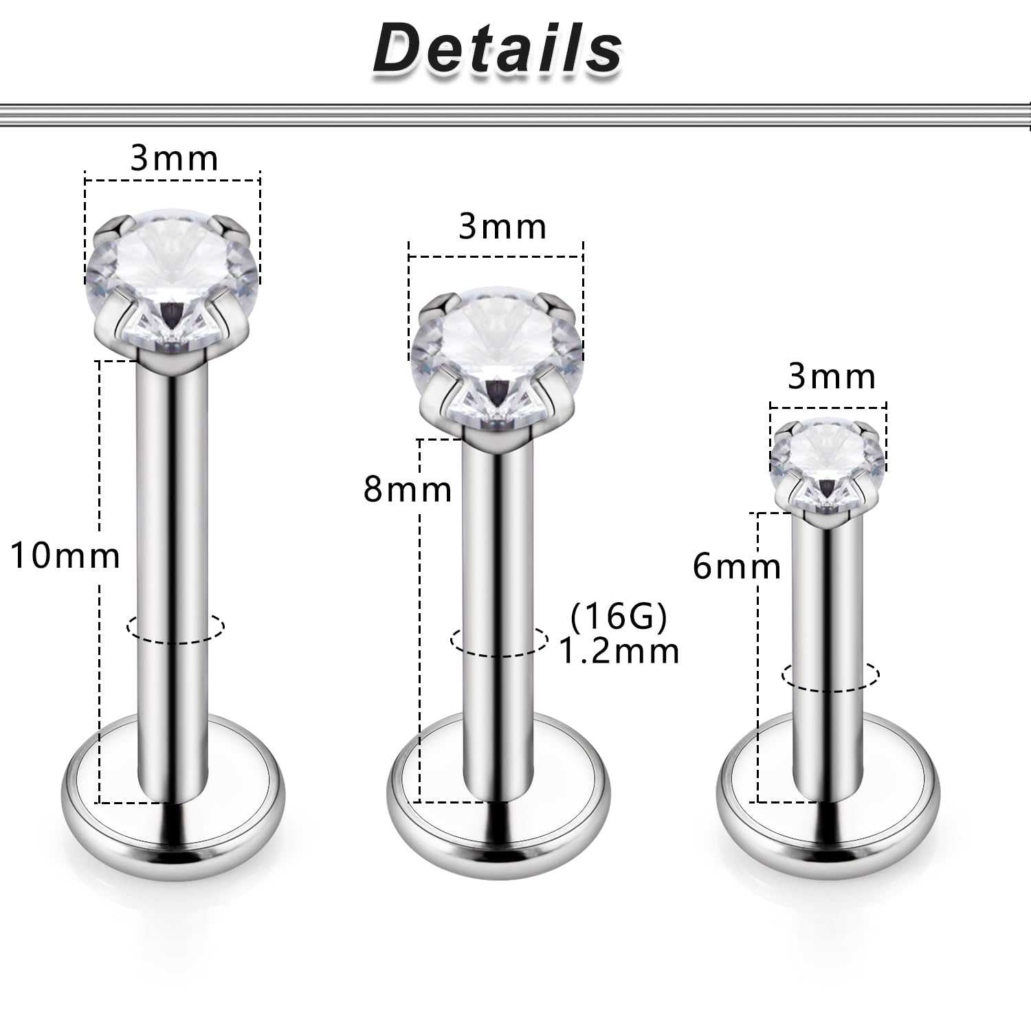 Ocptiy 16G G23 Titanium Lip Labret Monroe Medusa Ashley Ring Stud Hypoallergenic Flat Back Screw on Cartilage Tragus Helix Ear Earring Piercing Jewelry Stainless Surgical Steel Women Men 6mm 8mm 10mm