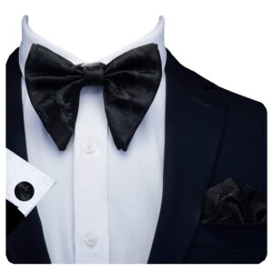 gusleson adjustable big bowtie and pocket square cufflink set fashion floral pre-tied black bow tie (0617-06)