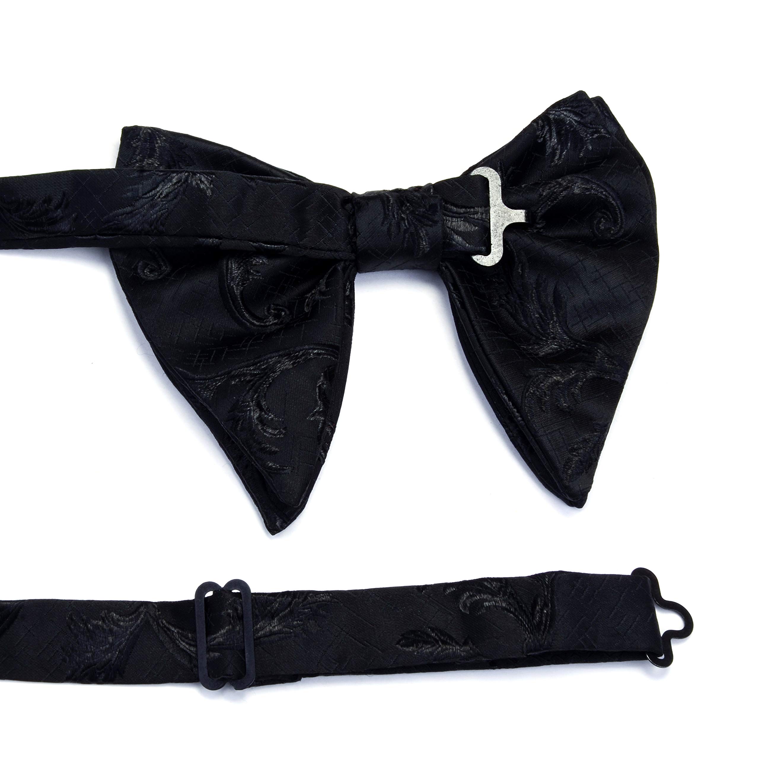 GUSLESON Adjustable Big Bowtie and Pocket Square Cufflink Set Fashion Floral Pre-tied Black Bow Tie (0617-06)