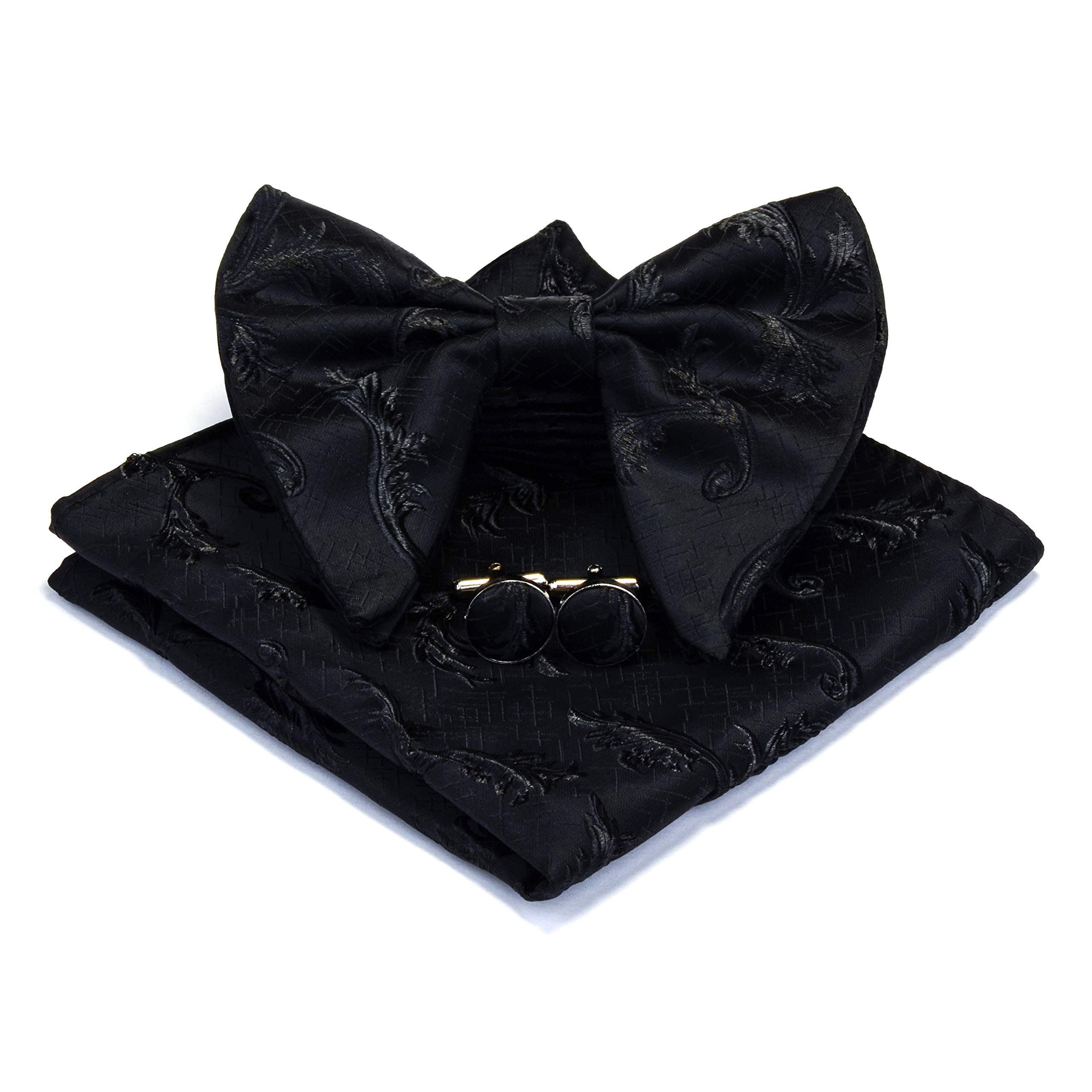 GUSLESON Adjustable Big Bowtie and Pocket Square Cufflink Set Fashion Floral Pre-tied Black Bow Tie (0617-06)