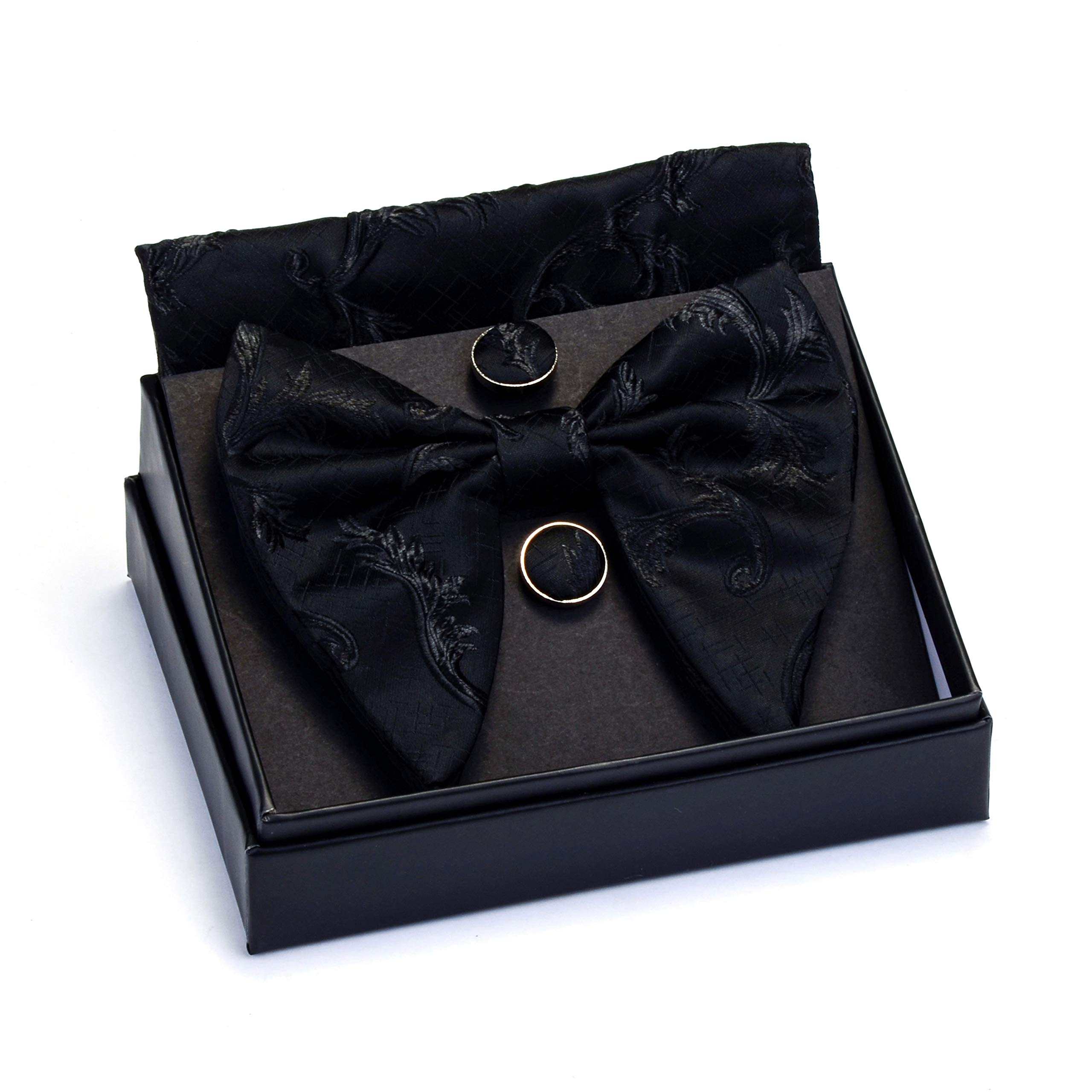 GUSLESON Adjustable Big Bowtie and Pocket Square Cufflink Set Fashion Floral Pre-tied Black Bow Tie (0617-06)