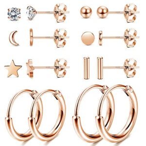 milacolato 8 pairs sterling silver stud earrings set for women 14k rose gold plated ball dot cz star moon bar tiny earring small hoop cartilage earrings set