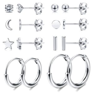 milacolato 8 pairs sterling silver stud earrings set for women men 14k white gold plated ball dot star moon bar cz stud earrings small huggie hoop cartilage earrings sets for multiple piercing hypoallergenic