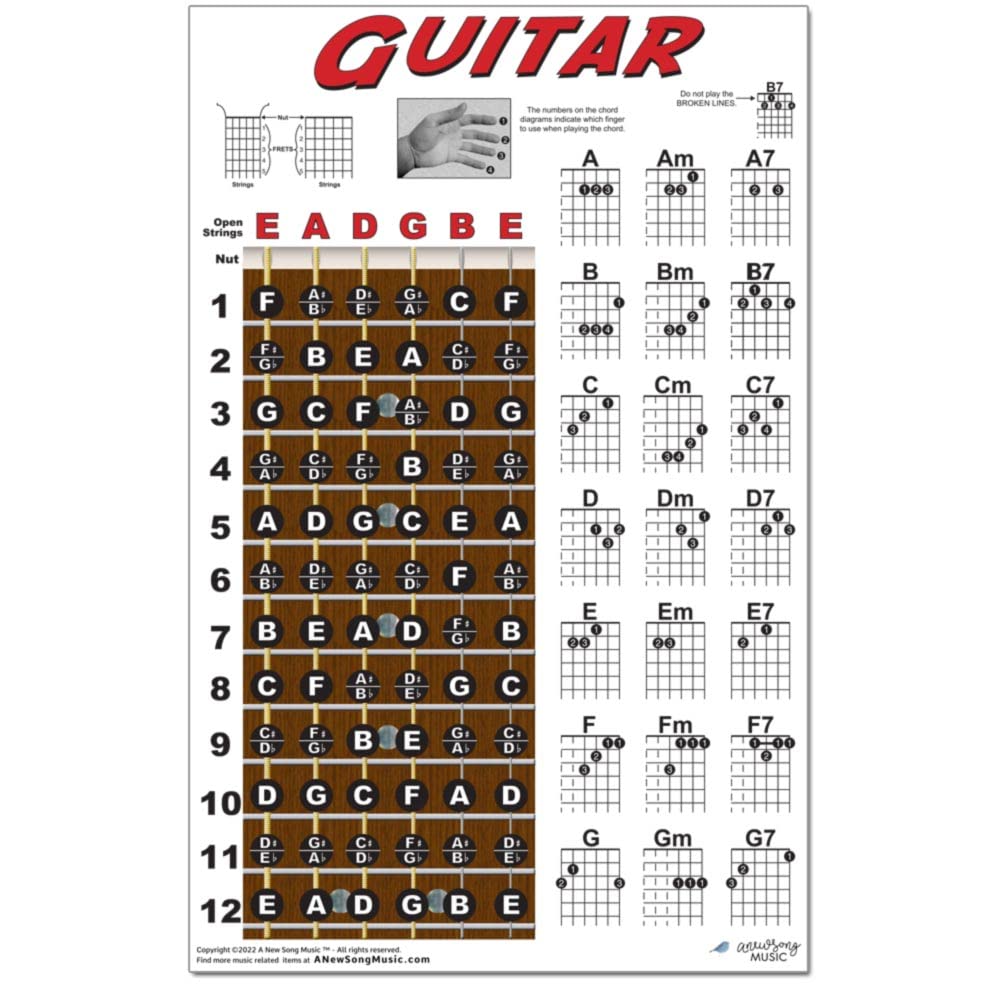 A New Song Music Laminated Guitar Chord & Fretboard Note Chart Instructional Easy Poster for Beginners Chords & Notes 11"x17"