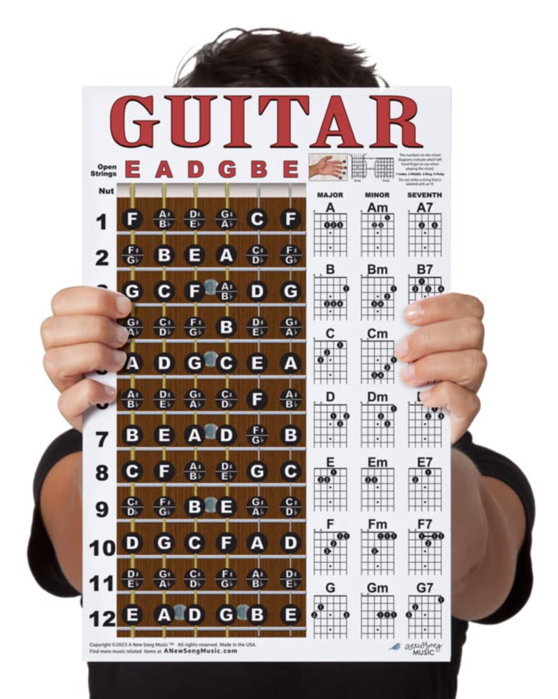 A New Song Music Laminated Guitar Chord & Fretboard Note Chart Instructional Easy Poster for Beginners Chords & Notes 11"x17"