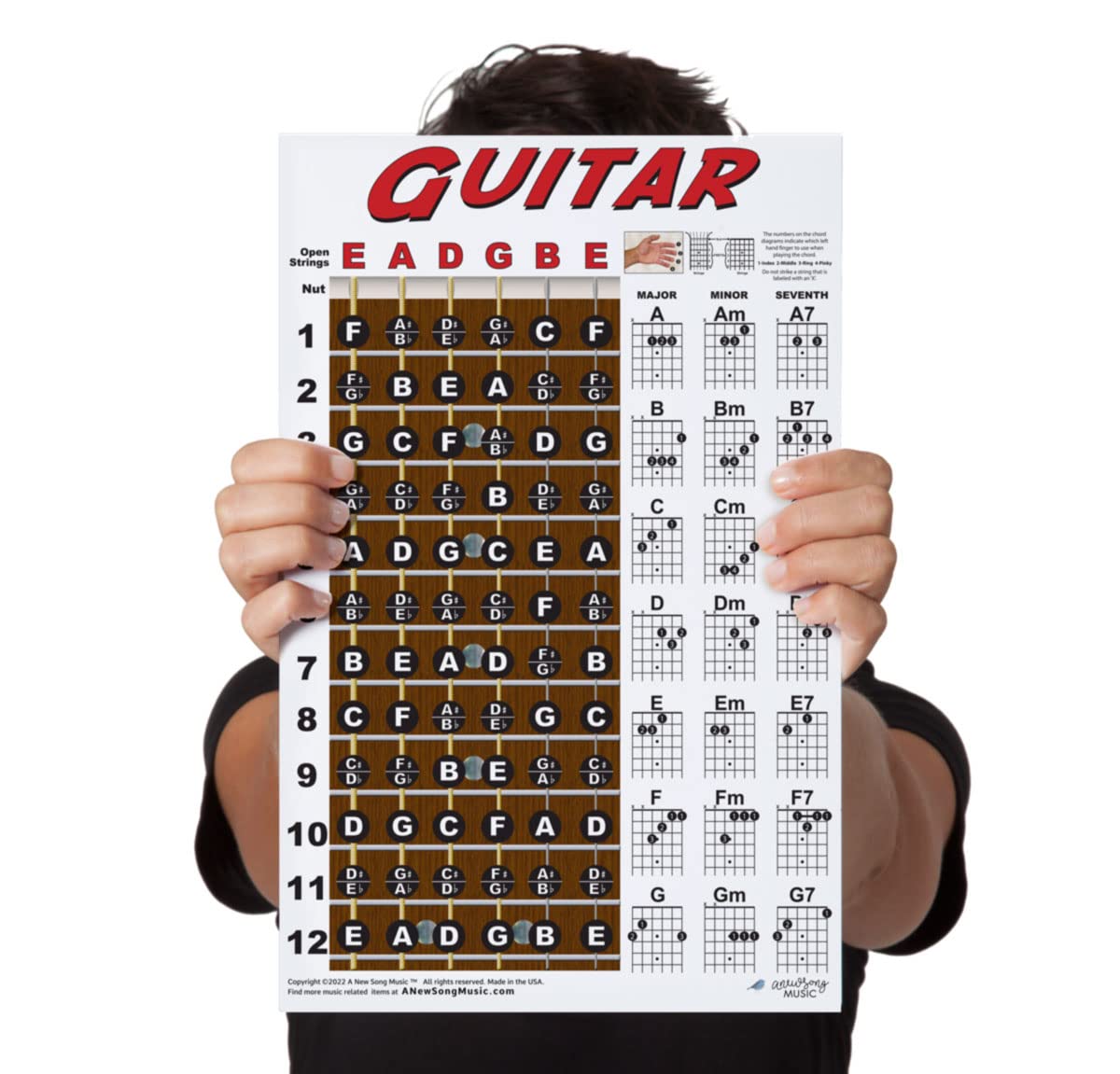 A New Song Music Laminated Guitar Chord & Fretboard Note Chart Instructional Easy Poster for Beginners Chords & Notes 11"x17"