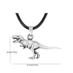 LLYANZ Antique Silver Plated Tyrannosaurus Dinosaur Pendant Necklace with Black Leather Chain Necklace