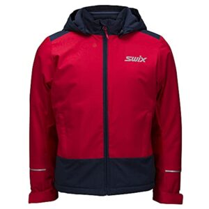 swix boys' junior rookie windproof waterproof breathable insulated hooded ski jacket, red, 10-12 years