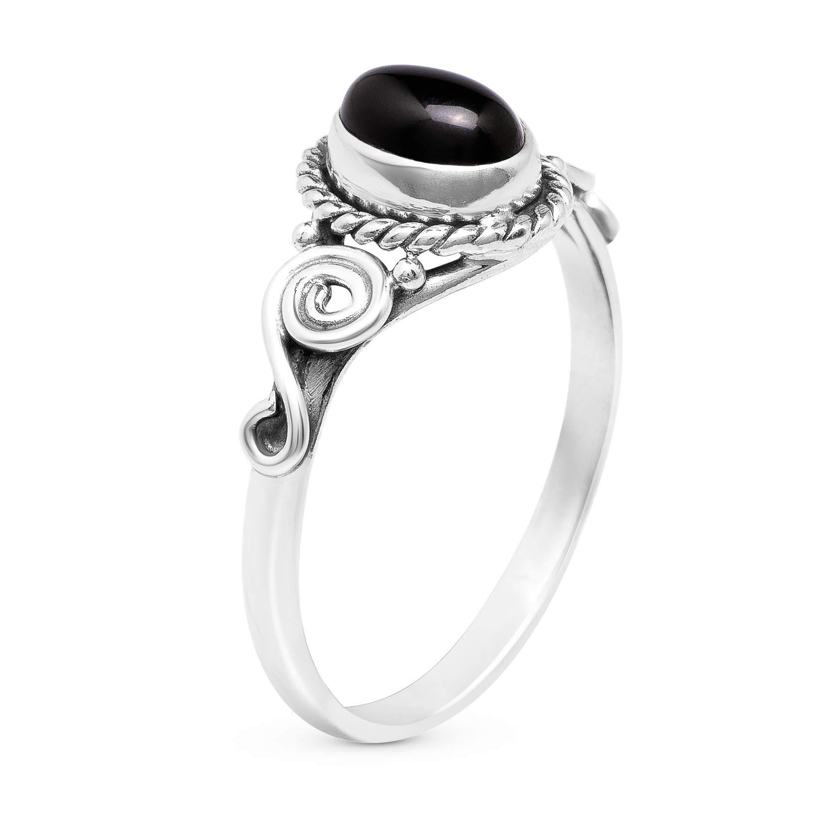 Oval Black Onyx Spiral Sides Small Ring 925 Sterling Silver Vintage Tribal Gipsy Boho (8)