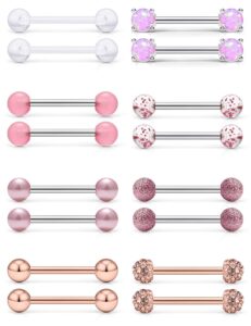 prjndjw 16pcs 14g nipple rings surgical steel tongue rings barbell nipplering diamond cz piercing jewelry retainer for women men 14mm length rose gold pink