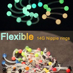 Prjndjw 14G Flexible Plastic Acrylic Piercing Jewelry, 48Pcs Curved Barbell Body Piercing for Women Men, Glow in The Dark Tongue Nipple Rings Retainer, 16mm, Hypoallergenic