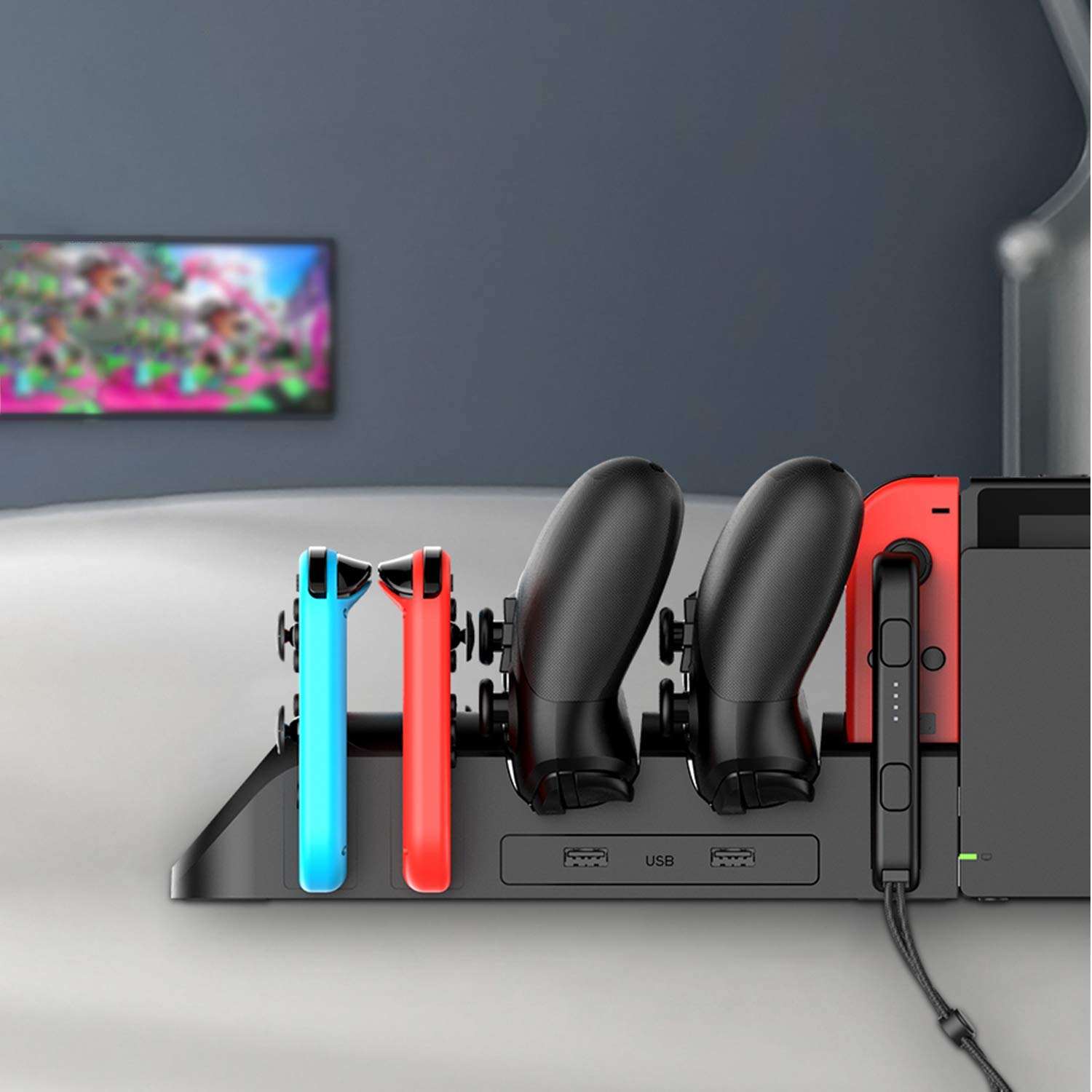 ECHZOVE Controller Charger for Nintendo Switch, Charger for 4 Switch Joy-Con Controllers, 2 Switch Pro controllers, 2 Joy-con Wrist Straps with USB 2.0 Ports(Not for PowerA Pro Controllers)