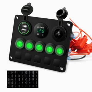 fxc 5 gang rocker switch panel with dual usb slot socket 5v 4.2a + cigarette lighter + voltmeter for marine boat car rv vehicles truck 12-24v waterproof blue led (5b green)