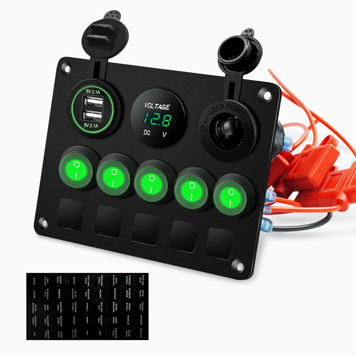 FXC 5 Gang Rocker Switch Panel with Dual USB Slot Socket 5V 4.2A + Cigarette Lighter + Voltmeter for Marine Boat Car Rv Vehicles Truck 12-24V Waterproof Blue LED (5B Green)