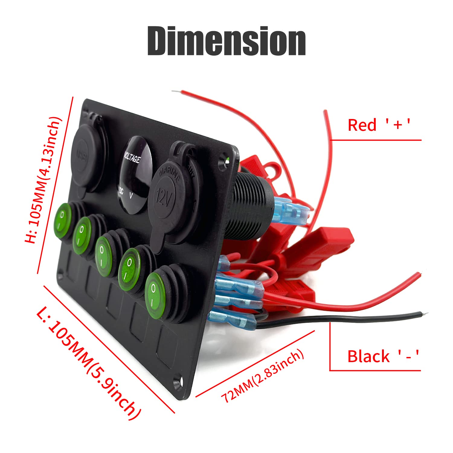 FXC 5 Gang Rocker Switch Panel with Dual USB Slot Socket 5V 4.2A + Cigarette Lighter + Voltmeter for Marine Boat Car Rv Vehicles Truck 12-24V Waterproof Blue LED (5B Green)