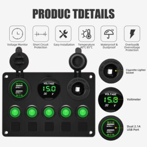 FXC 5 Gang Rocker Switch Panel with Dual USB Slot Socket 5V 4.2A + Cigarette Lighter + Voltmeter for Marine Boat Car Rv Vehicles Truck 12-24V Waterproof Blue LED (5B Green)