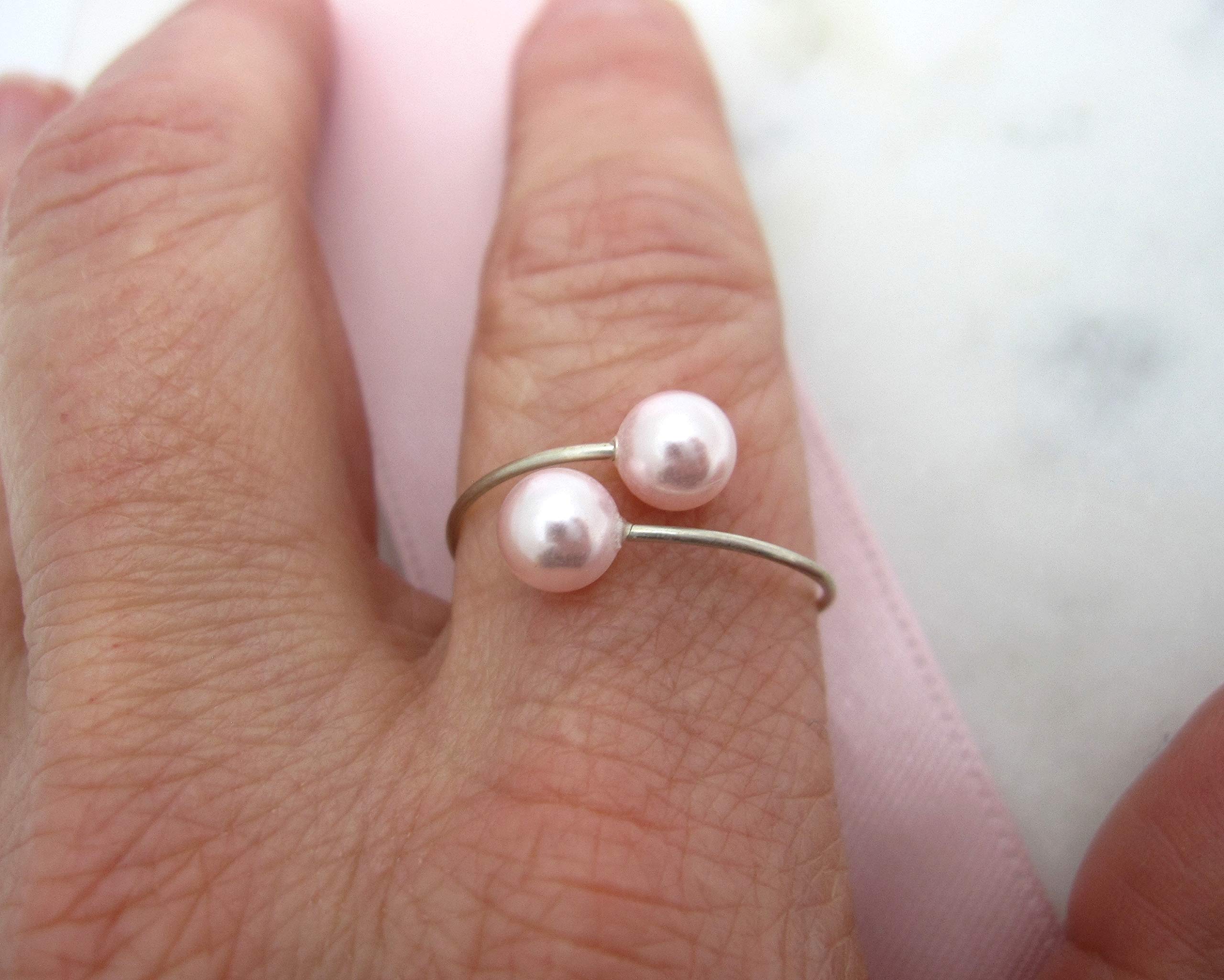 Pink Crystal Pearl Cuff Ring, Open Single Coil Bypass Ring, Sterling Silver 14K Gold-Filled Wire Band, Slides Over Arthritic Knuckles, Jewelry Inspirations