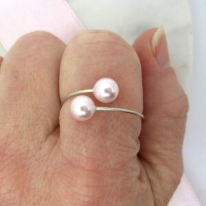 Pink Crystal Pearl Cuff Ring, Open Single Coil Bypass Ring, Sterling Silver 14K Gold-Filled Wire Band, Slides Over Arthritic Knuckles, Jewelry Inspirations