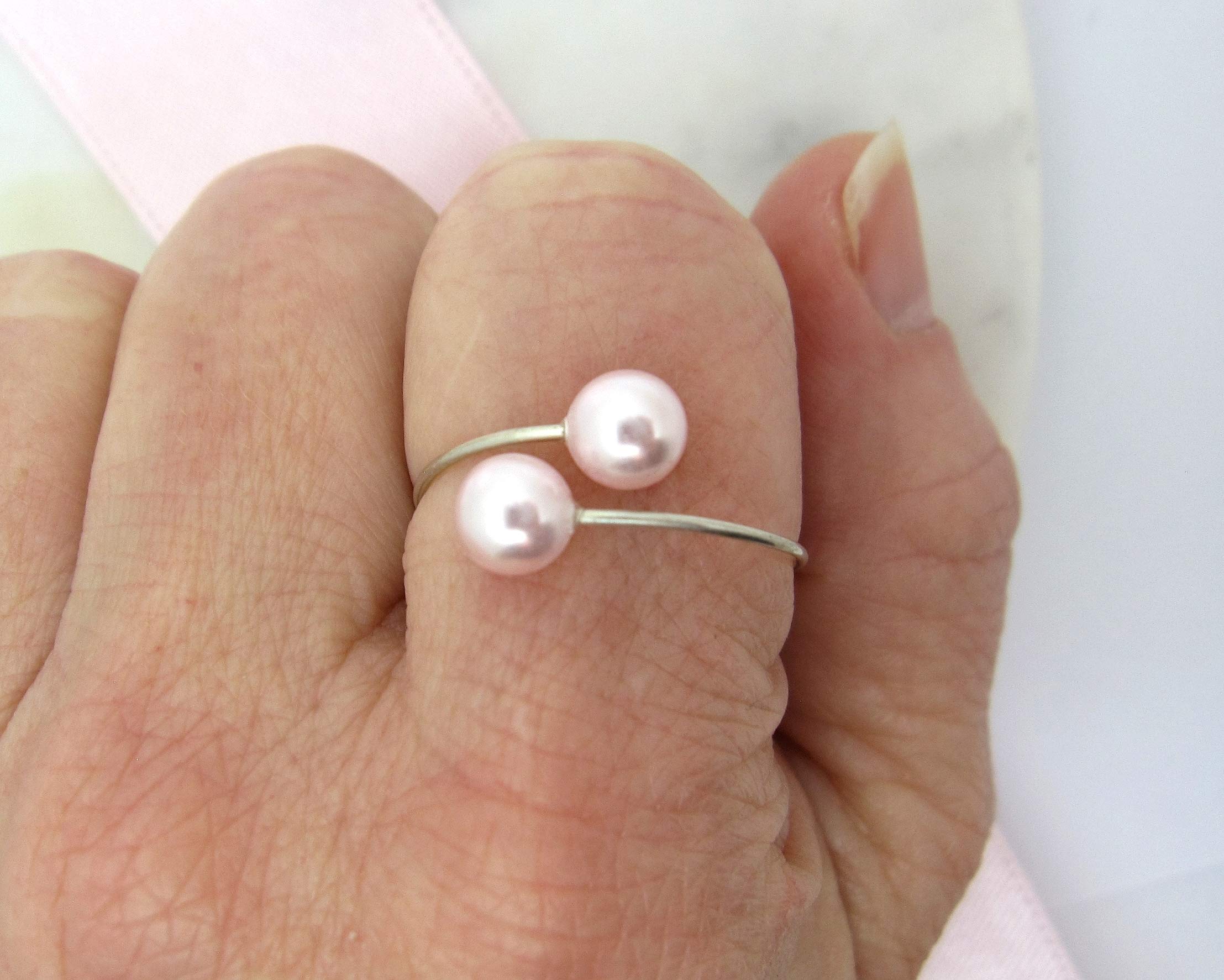 Pink Crystal Pearl Cuff Ring, Open Single Coil Bypass Ring, Sterling Silver 14K Gold-Filled Wire Band, Slides Over Arthritic Knuckles, Jewelry Inspirations