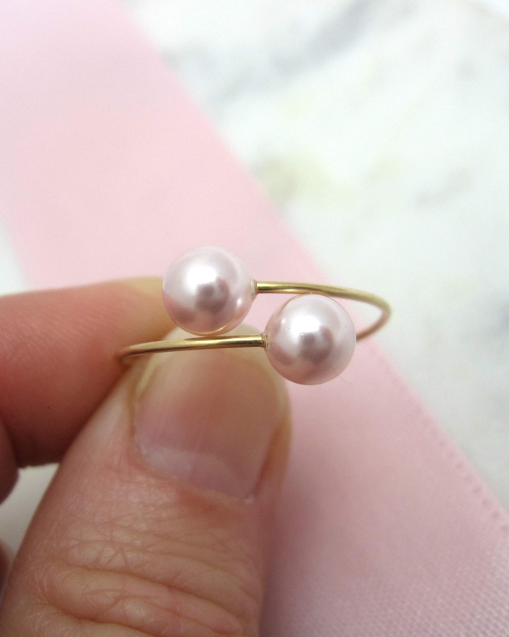 Pink Crystal Pearl Cuff Ring, Open Single Coil Bypass Ring, Sterling Silver 14K Gold-Filled Wire Band, Slides Over Arthritic Knuckles, Jewelry Inspirations