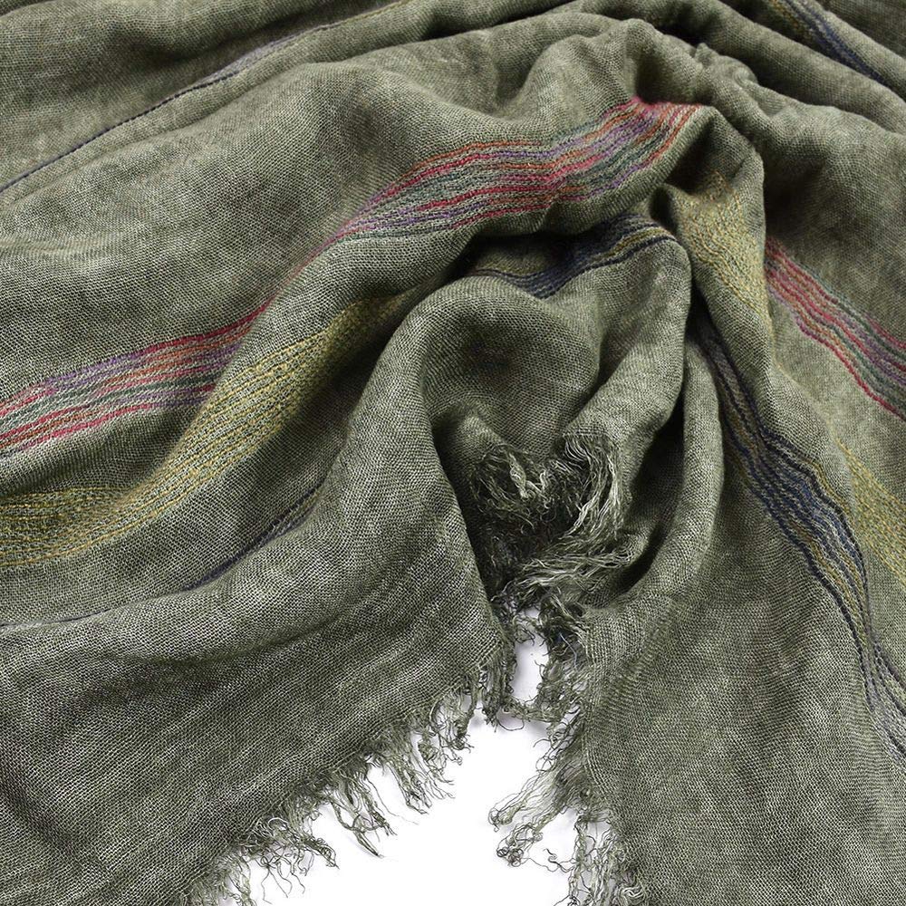 Kangqifen Unisex Striped Soft Scarf Cotton Linen Lightweight Large Scarves 75 x 35 inches ArmyGreen