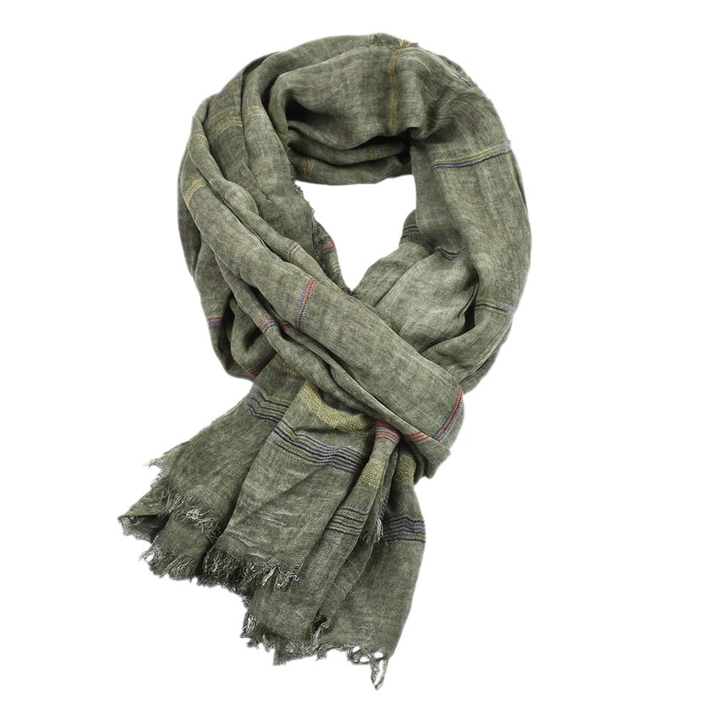 Kangqifen Unisex Striped Soft Scarf Cotton Linen Lightweight Large Scarves 75 x 35 inches ArmyGreen